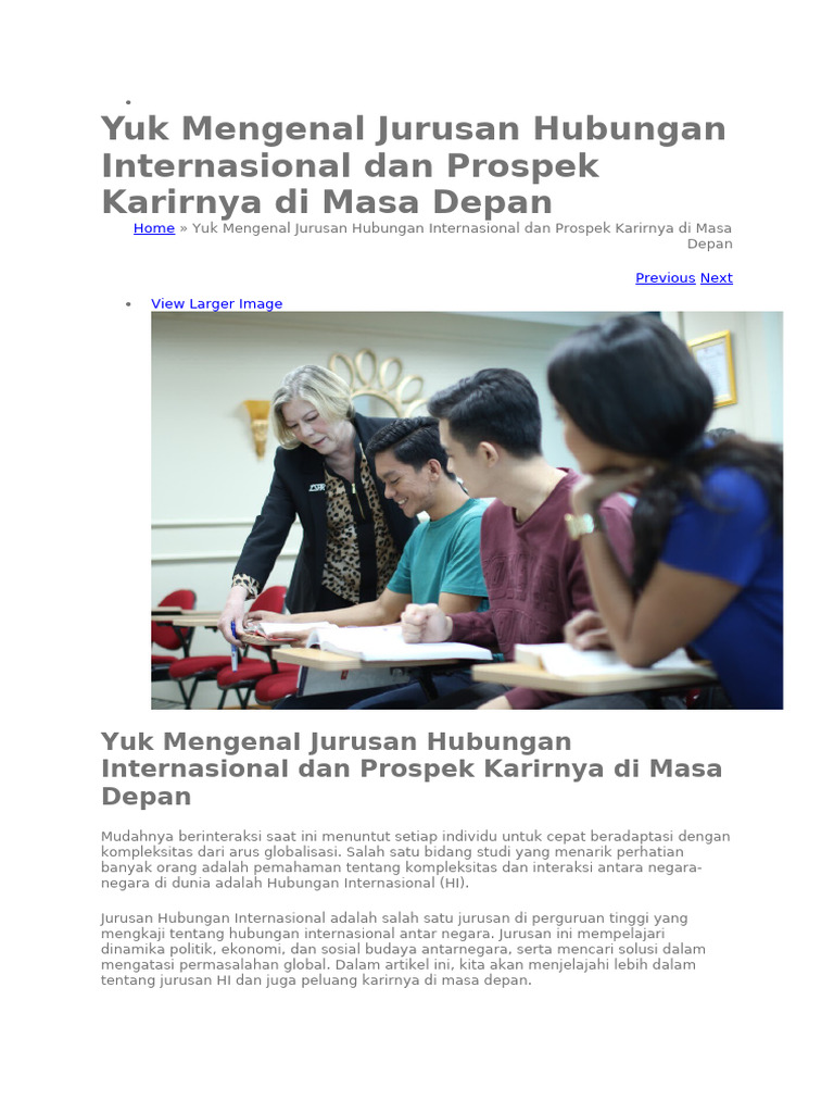 Yuk Mengenal Jurusan Hubungan Internasional dan Prospek Karirnya di Masa Depan | PDF