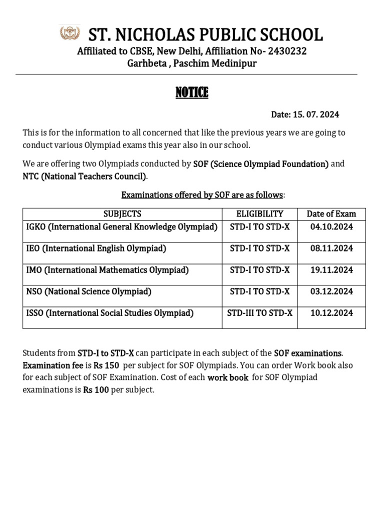 Olympiad Examination Notice-1 | PDF | Qualifications | Educational Stages