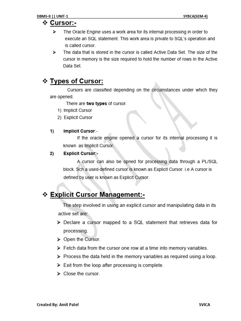 DBMS-2_U-1-CUrsor- | PDF | Pl/Sql | Sql