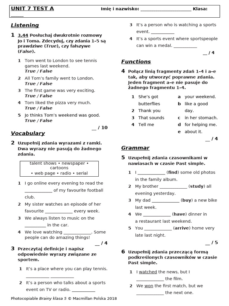 Brainy kl5 Unit Test 7 A | PDF