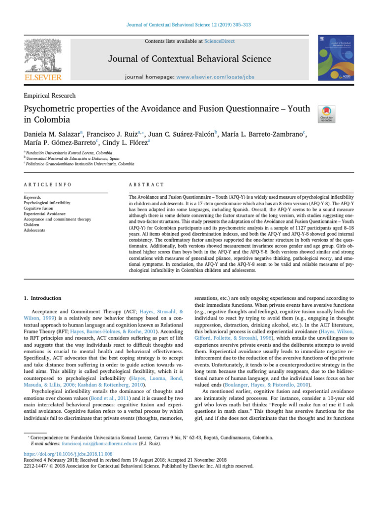 Acceptance and Fusion Questionarre Realibilty | PDF | Thought | Psychology