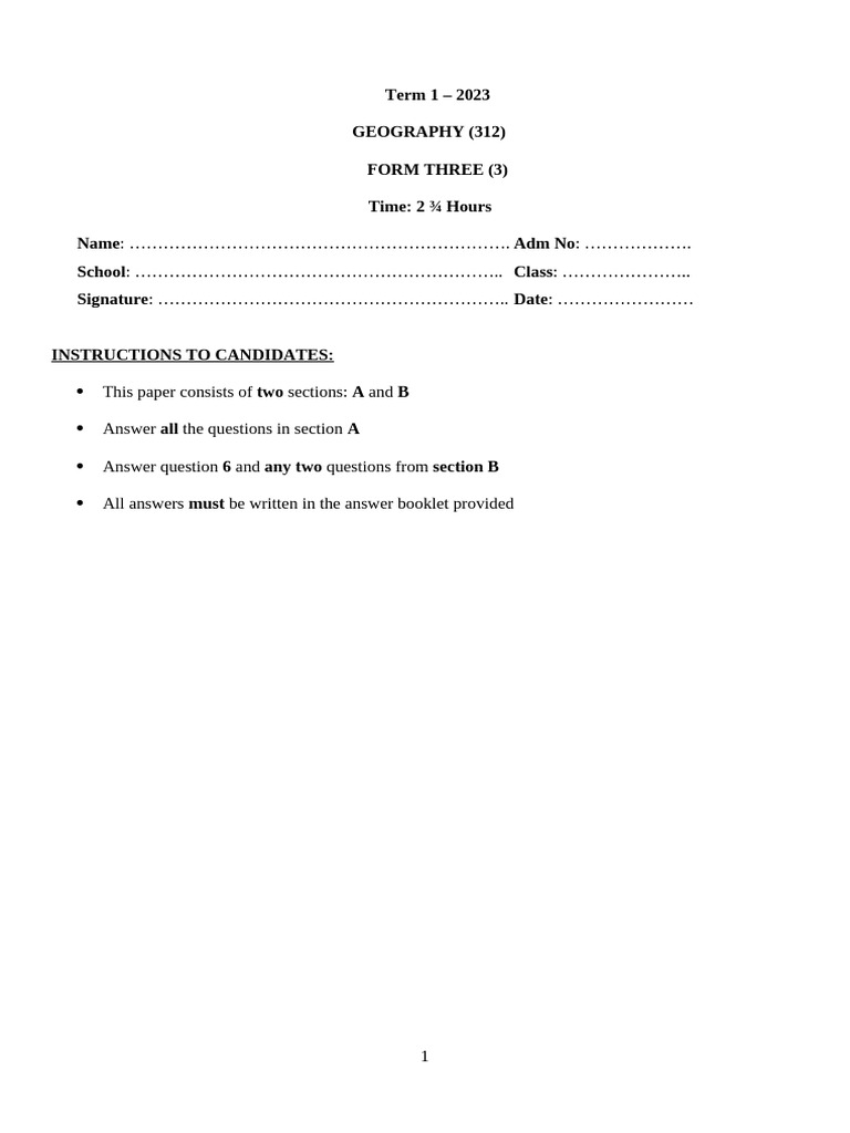 Geography Form 3 - Question Paper | PDF | Mountains | Seismology