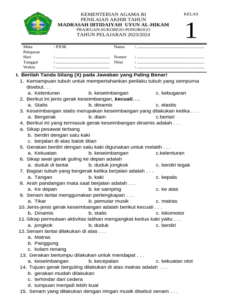 Soal PJOK Madrasah Ibtidaiyah | PDF