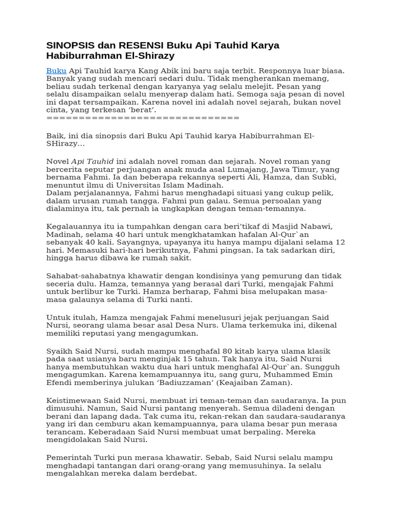 SINOPSIS Dan RESENSI Buku Api Tauhid Karya Habiburrahman | PDF