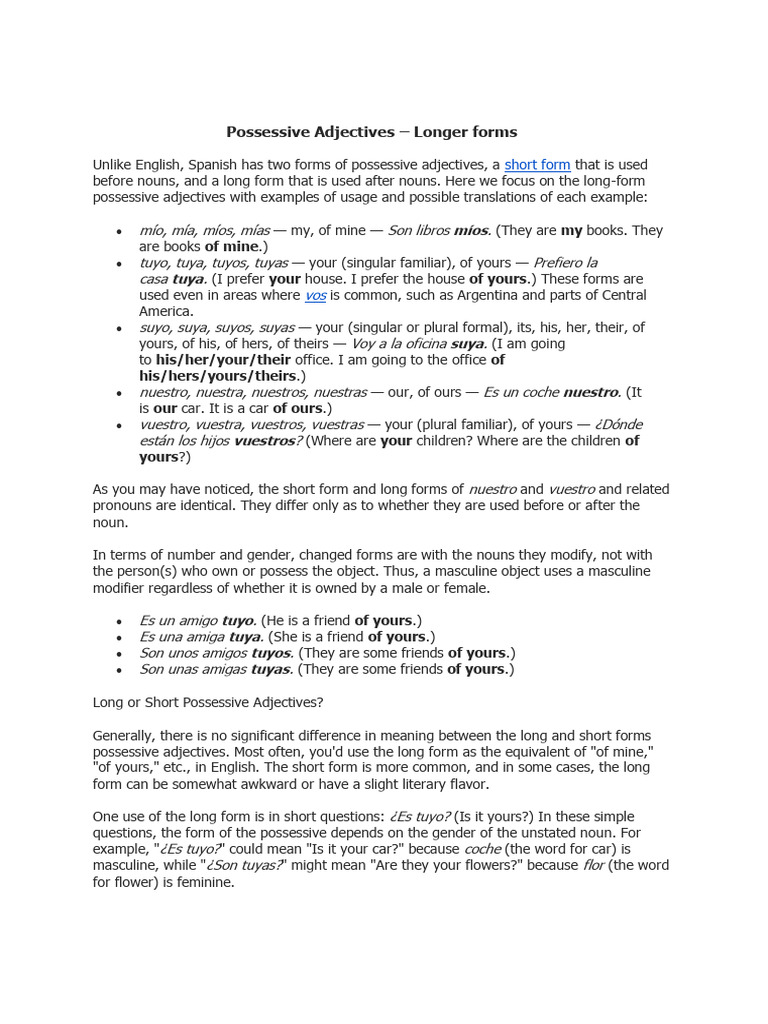 Possessive Adjectives_Long Forms | PDF | Grammatical Gender ...