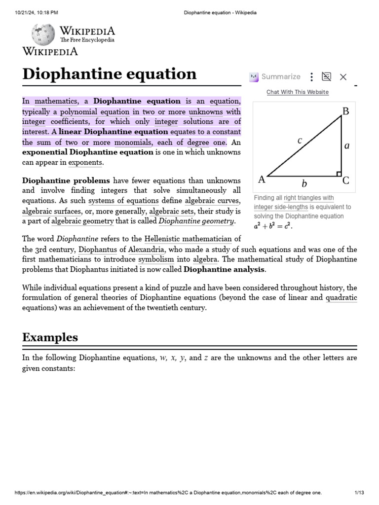 Diophantine equation - Wikipedia | PDF | Equations | Mathematics