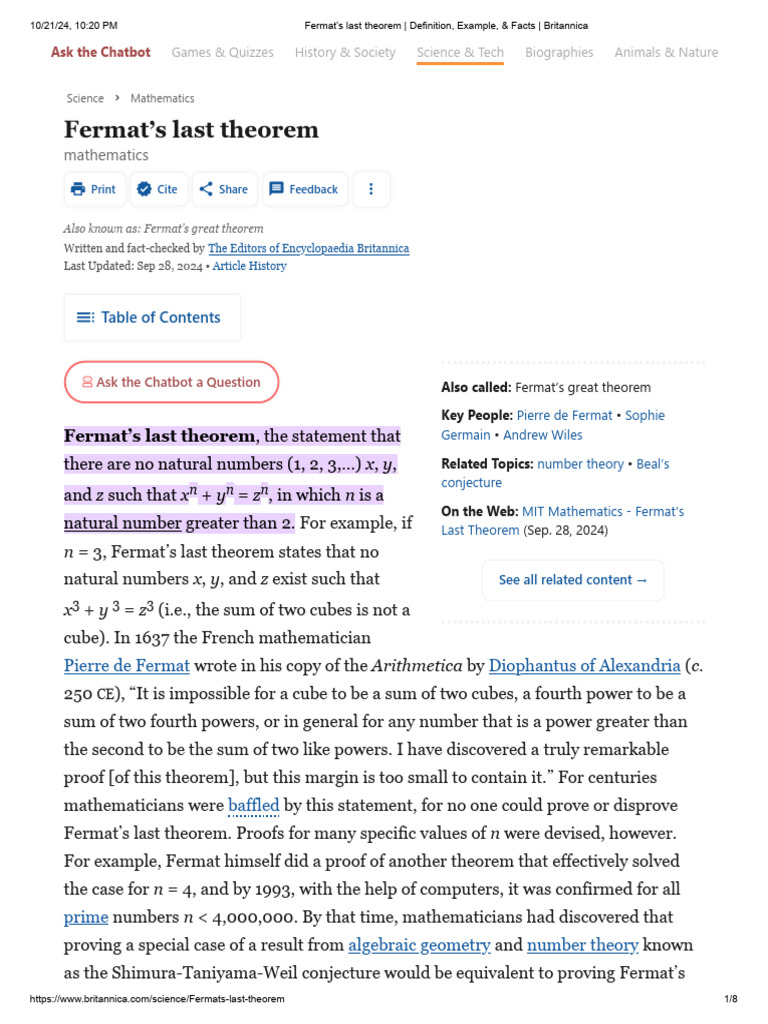 Fermat's Last Theorem - Definition, Example, & Facts - Britannica | PDF ...