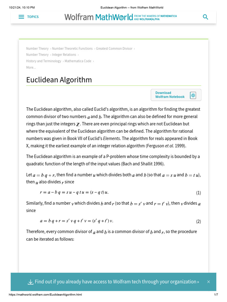 Euclidean Algorithm -- from Wolfram MathWorld | PDF | Algorithms ... Euclidean Algorithm -- from Wolfram MathWorld | PDF | Algorithms ...