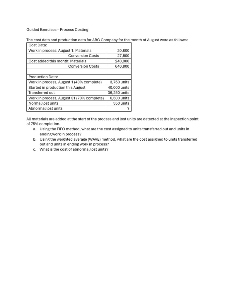 Guided Exercises Process Costing | PDF