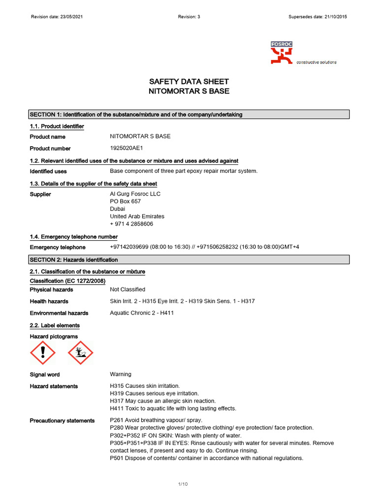 Nitomortar S Base - SDS11616 - 44 | PDF | Firefighting | Dangerous Goods