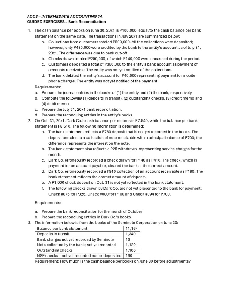 Guided Exercises Bank Reconciliation | PDF | Banks | Debits And Credits