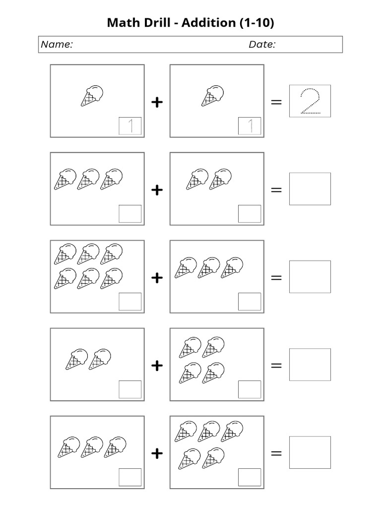 (Set 1) Math Drill - Addition (1-10) | PDF