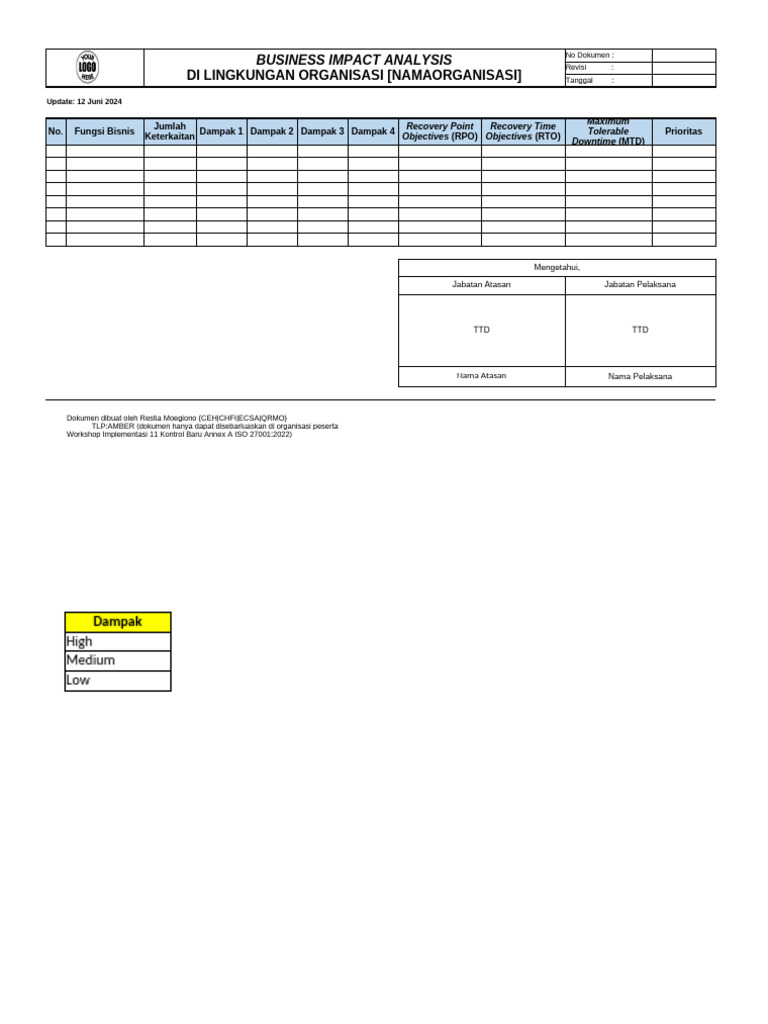 Form Business Impact Analysis (BIA) ISO 27001:2022 new version | PDF