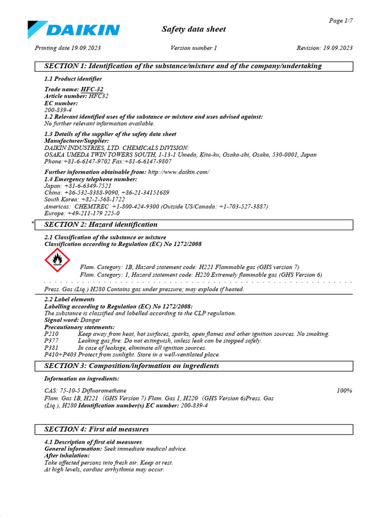 16-MSDS HFC 32 2023 | PDF | Toxicity | Dangerous Goods
