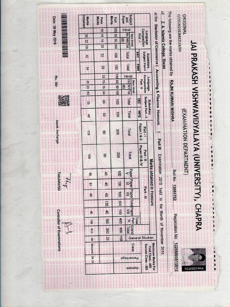 Rajni Graduation Marksheet | PDF