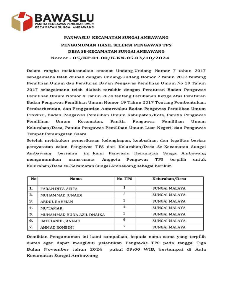 Pengumuman Ptps Terpilih - Sui Malaya | PDF
