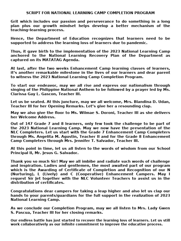Script For National Learning Camp Completion Program 2023 | PDF