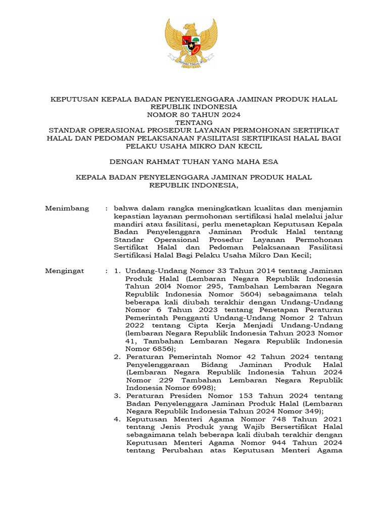 Keputusan Kepala BPJPH Nomor 80 Tahun 2024 - SOP Sertifikasi Halal Dan ...