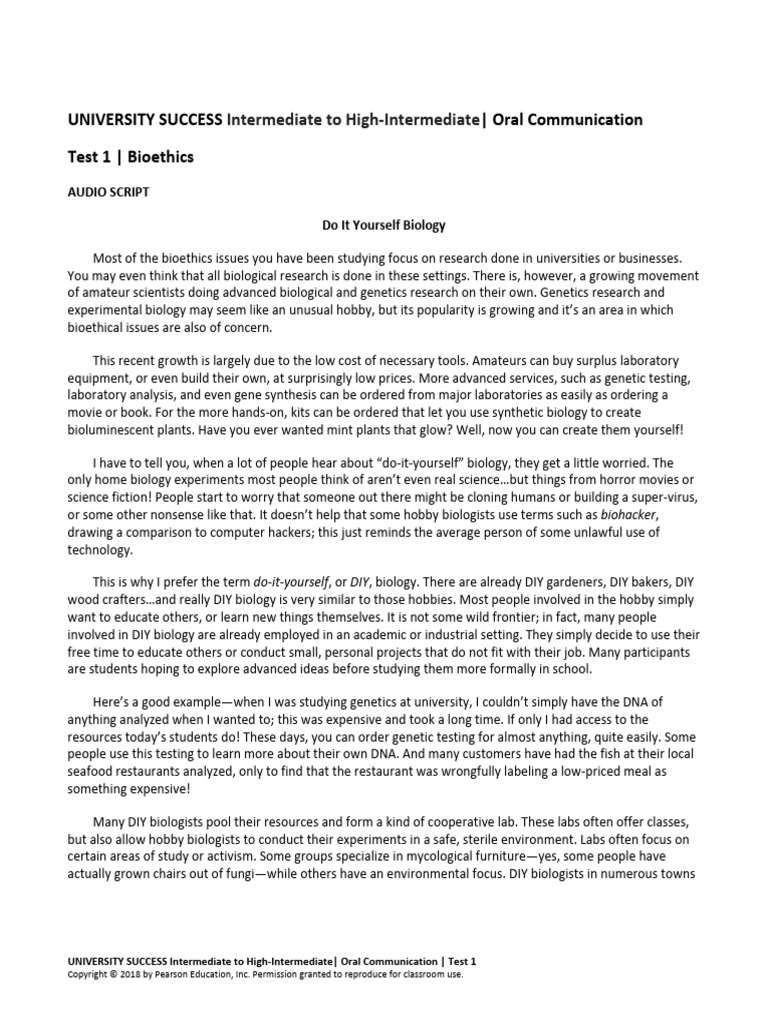 USOC Int TR Assessment Bioethics AScript | PDF | Biologist | Biology