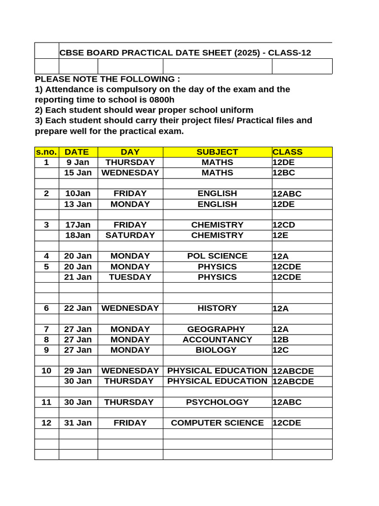 2025-Xii Cbse Practicals Date Sheet-3 | PDF