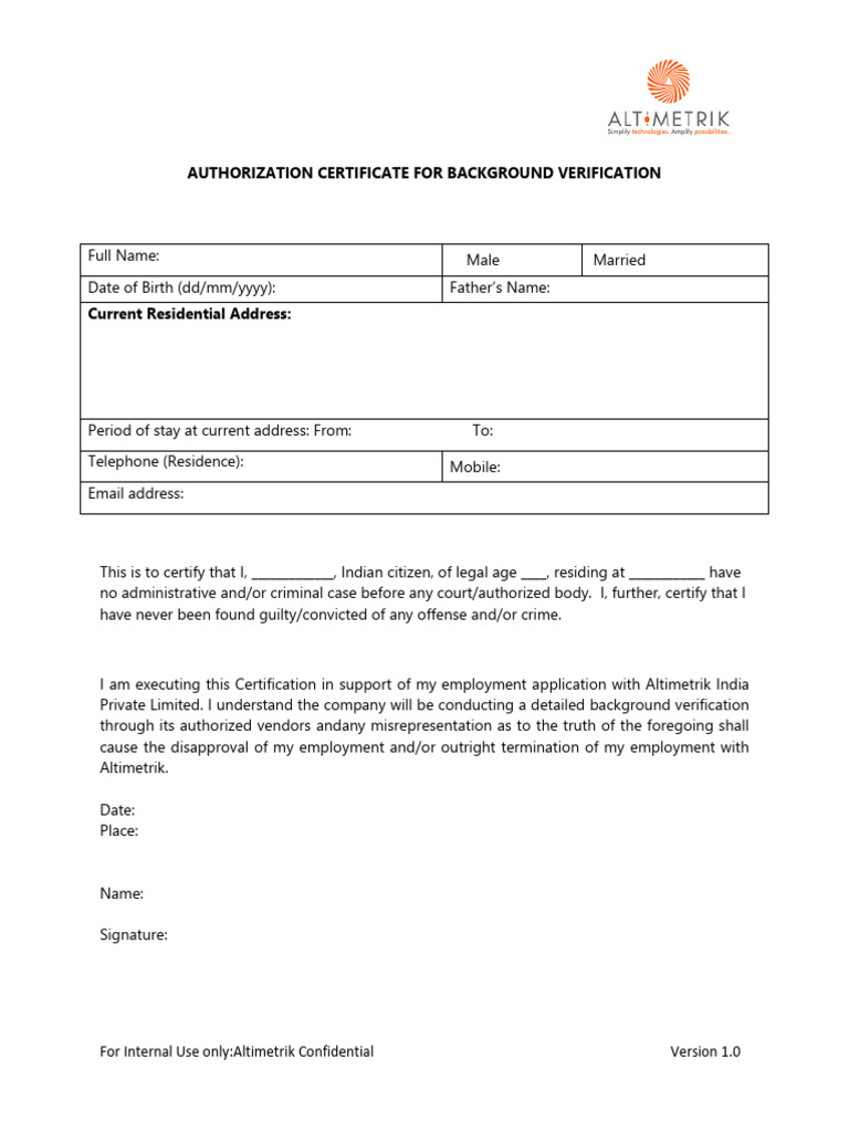 Pre-Joining BGV Authorization Certificate | PDF