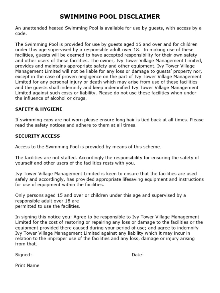 Pool Use Terms for Guests | PDF