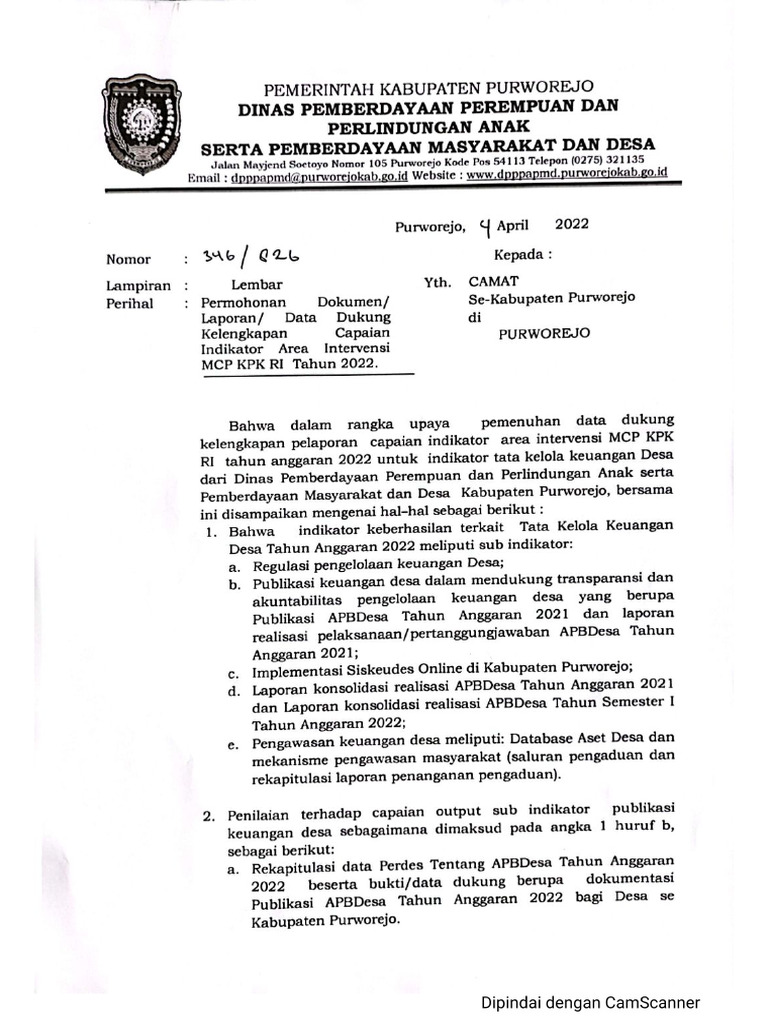 Permohonan Dokumen Laporan Data Dukung Kelengkapan Capaian Indikator Area Intervensi MCP KPK RI ...