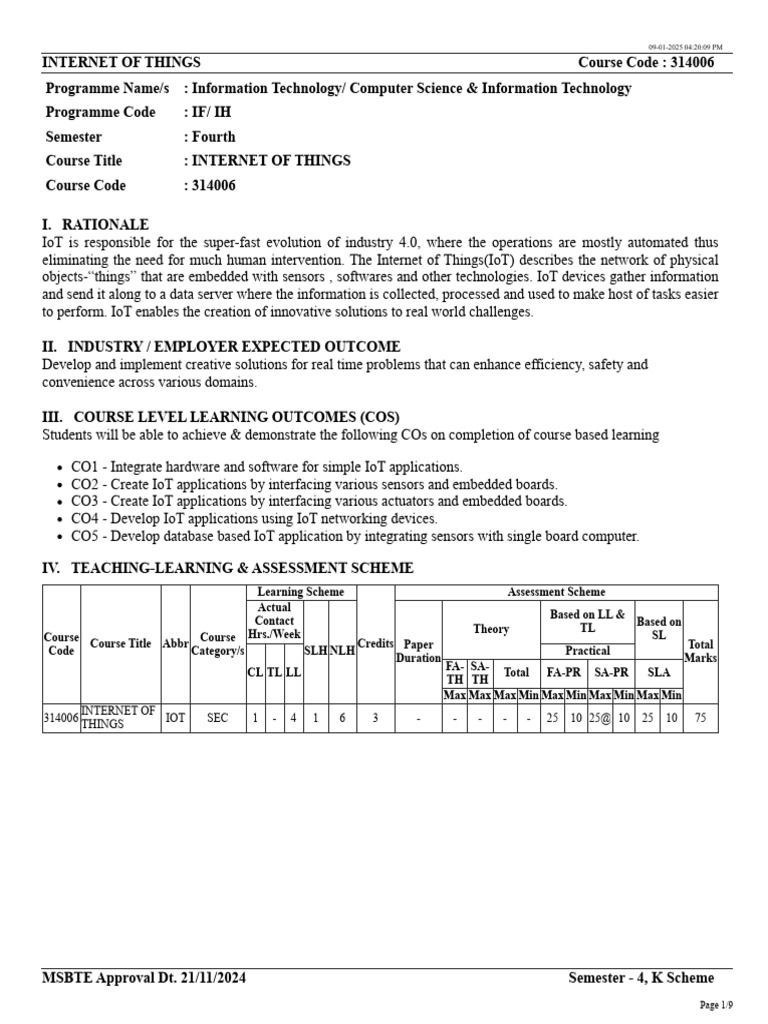 IoT Course Syllabus for Semester 4 | PDF | Internet Of Things | Embedded System