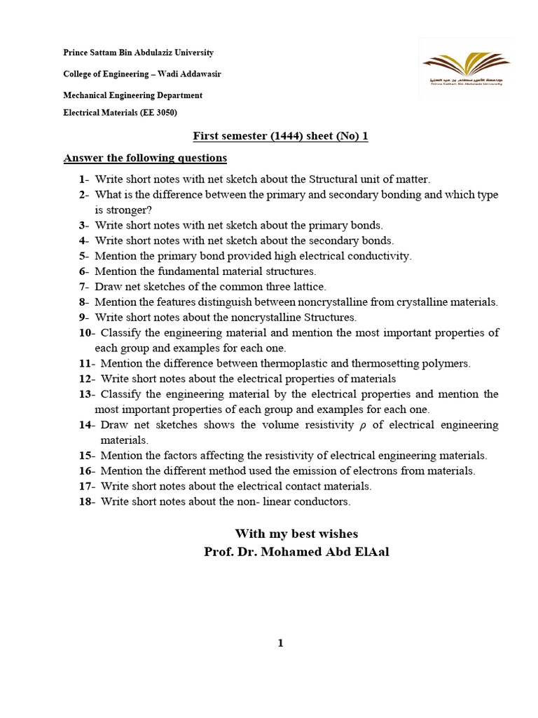 Electrical Materials (EE 3050) Sheet 1 | PDF