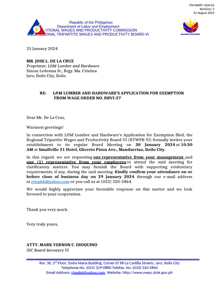 Invitation To Clarificatory Meeting LM Lumber and Hardware | PDF