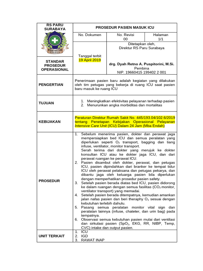 SOP Penerimaan Pasien Baru ICU | PDF