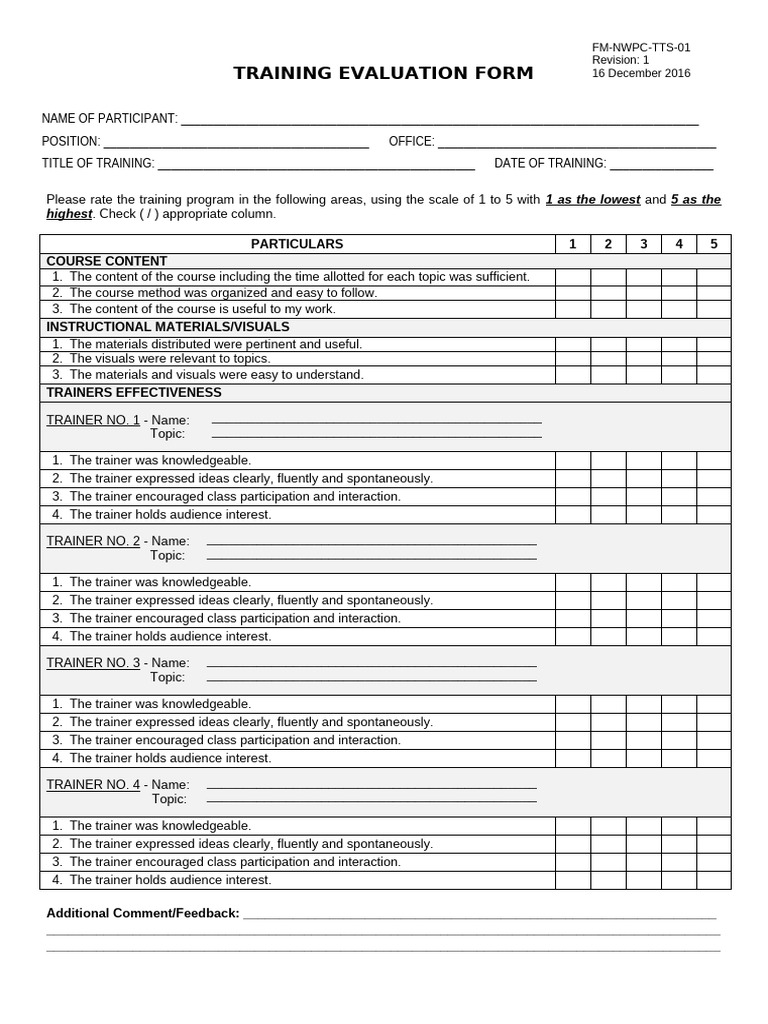 FM NWPC TTS 01 - Rev1 - Training Evaluation Form | PDF | Human ...