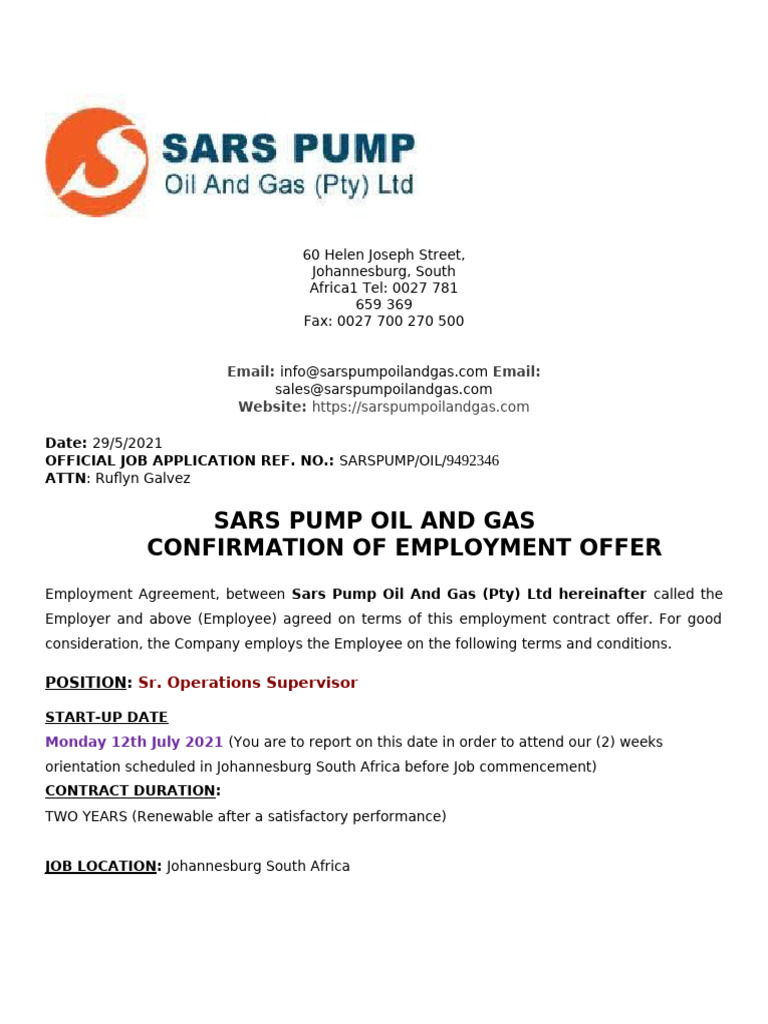 Sars Appointment Offer | PDF | Restraint Of Trade | Employment