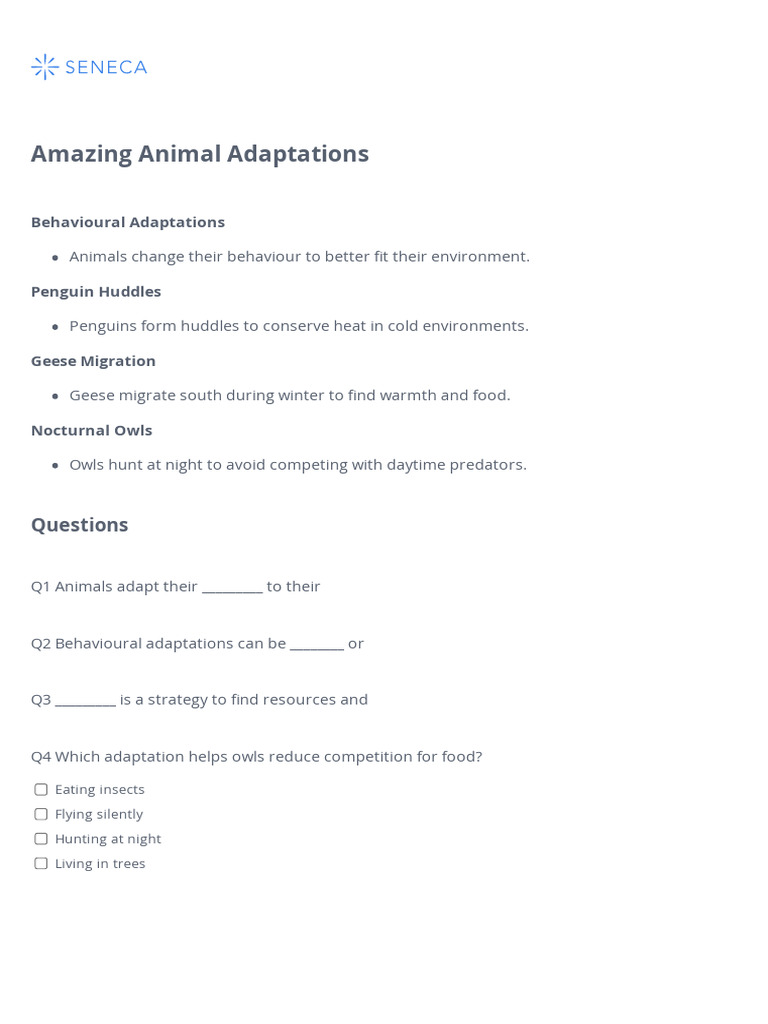 Animal Behavioral Adaptations Quiz | PDF