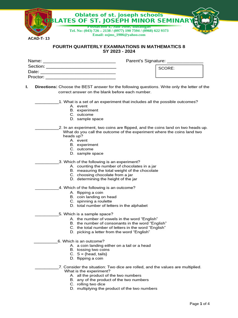 2023-2024 Math 8 4th Quarter Exam | PDF