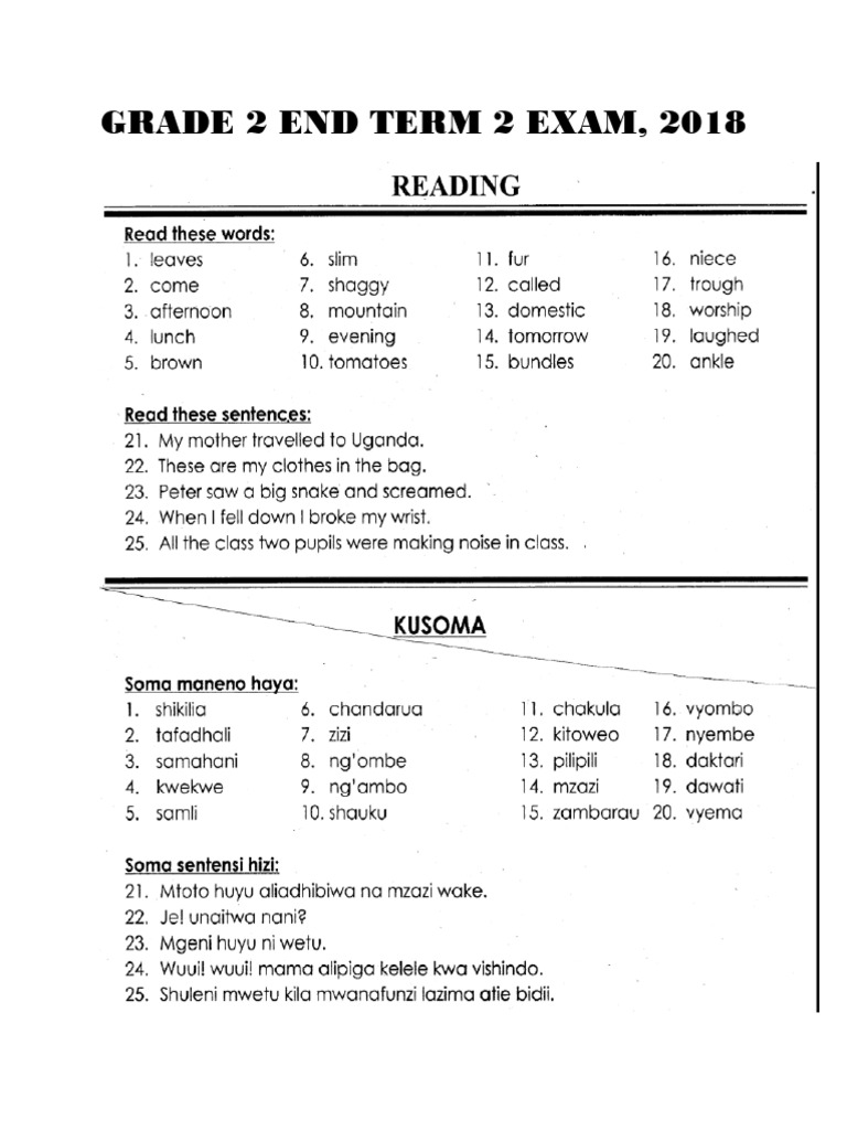 Reading Kusoma Activities Grade 2 End Term 2 Exam 2018 | PDF