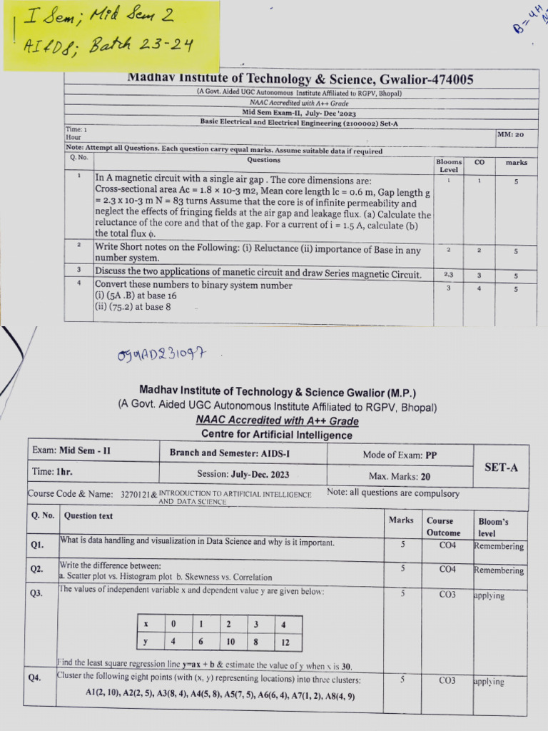 I Sem Mid Sem 2 AI&DS 2023-24 | PDF | Linear Map | Algebra