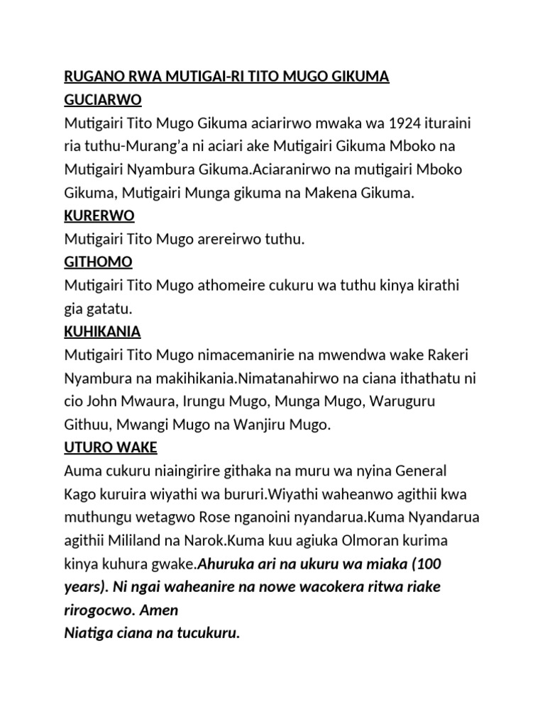Rugano Rwa Mutigairi Tito Mugo Gikuma | PDF