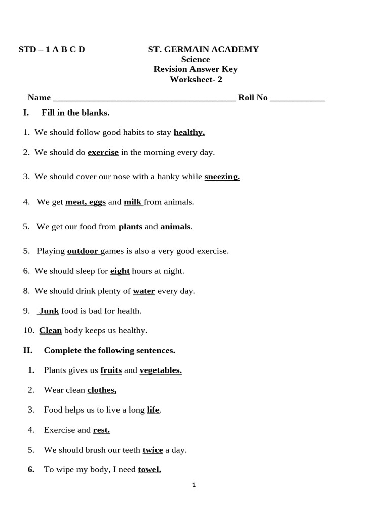 Science Revision Answer Key - WS 2 STD 1 FTE | PDF | Foods