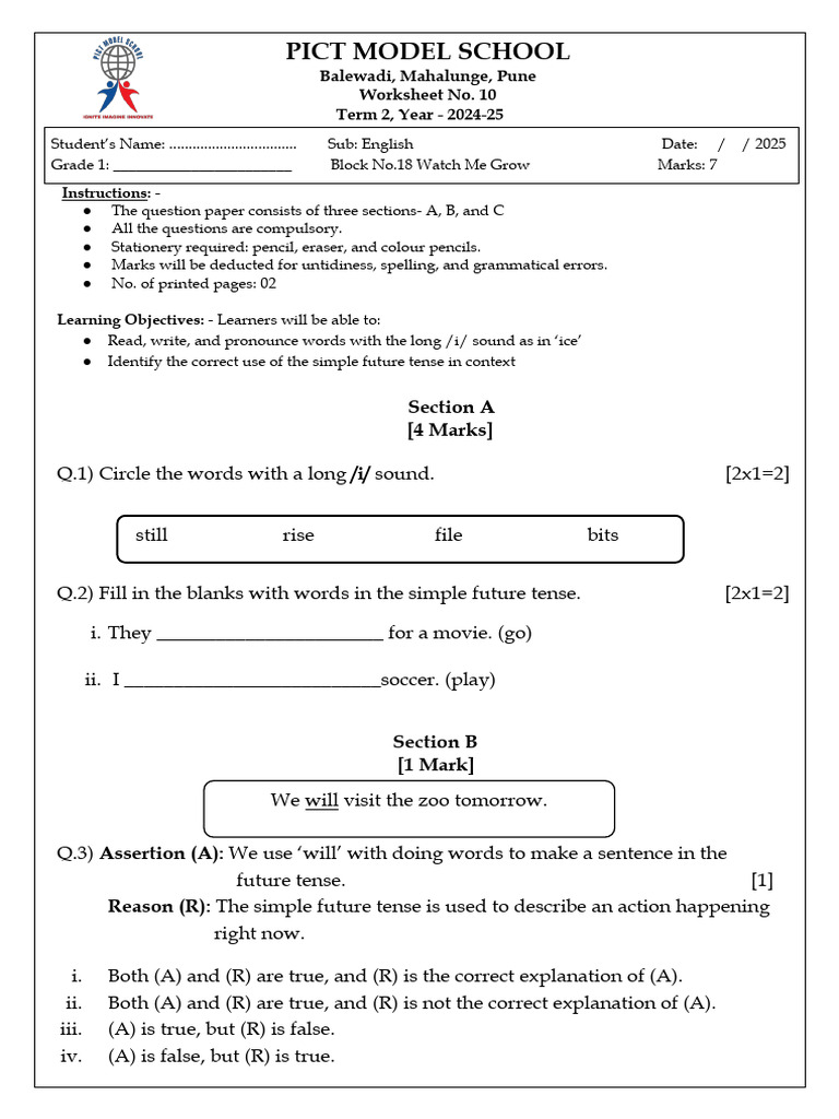 Grade 1 English Future Tense Worksheet | PDF | English Language | Cognition