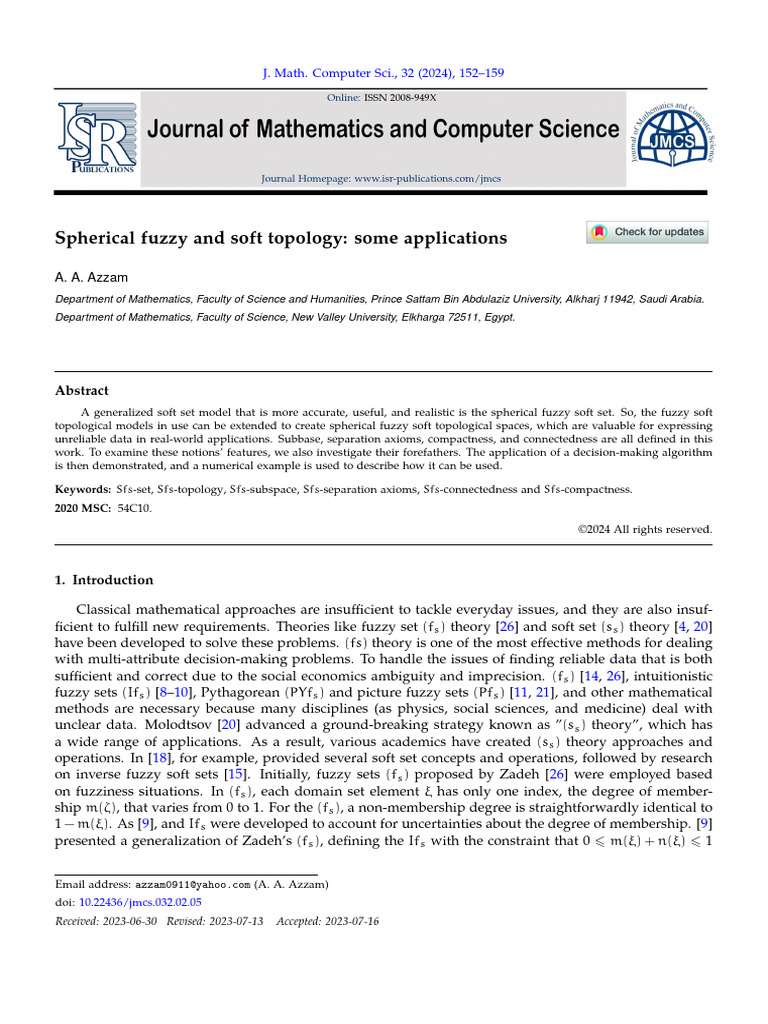 Spherical Fuzzy and Soft Topology Some Applications-1692346205 | PDF | Mathematics | Theory