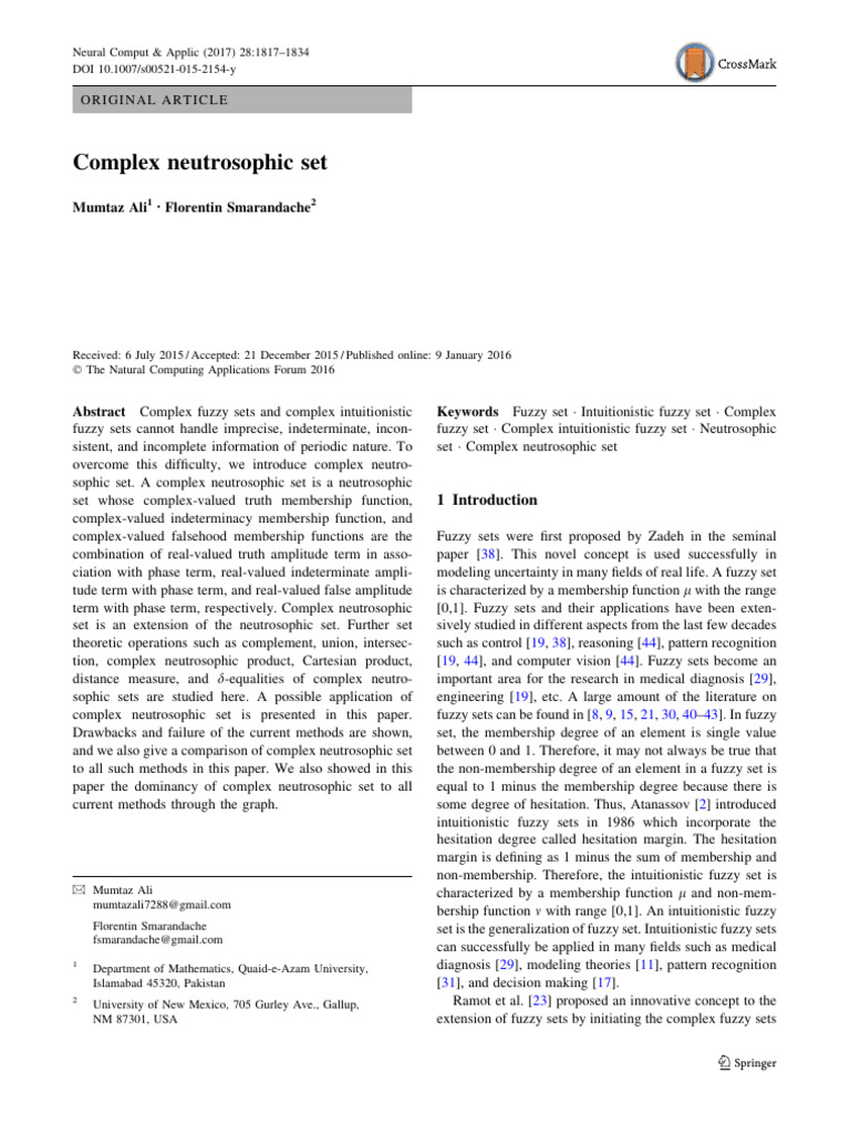 Complex Neutrosophic Set | PDF | Fuzzy Logic | Function (Mathematics)