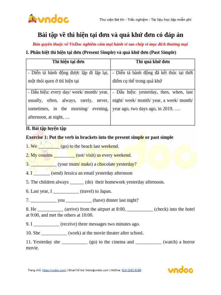 Bai Tap Ve Thi Hien Tai Don Va Qua Khu Don Co Dap An | PDF