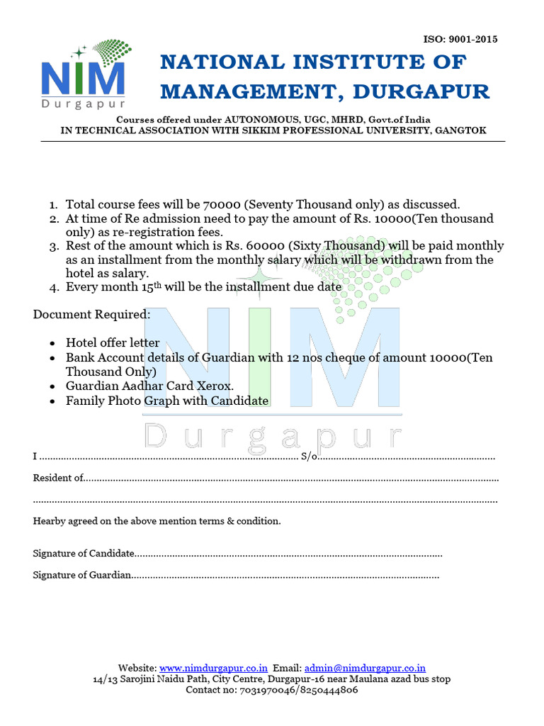 NIM Durgapur Course Fee Details | PDF