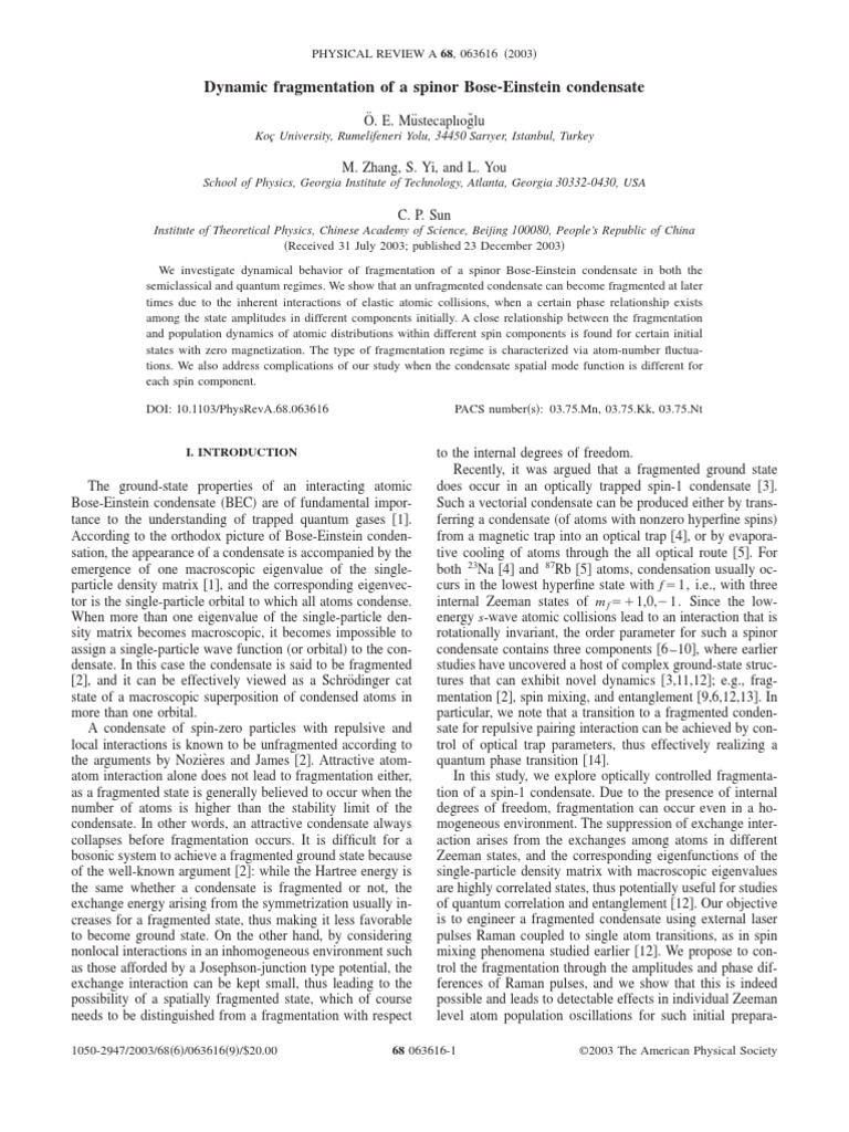 O E Mustecaplıoglu Et Al Dynamic Fragmentation Of A Spinor Bose Einstein Condensate Pdf
