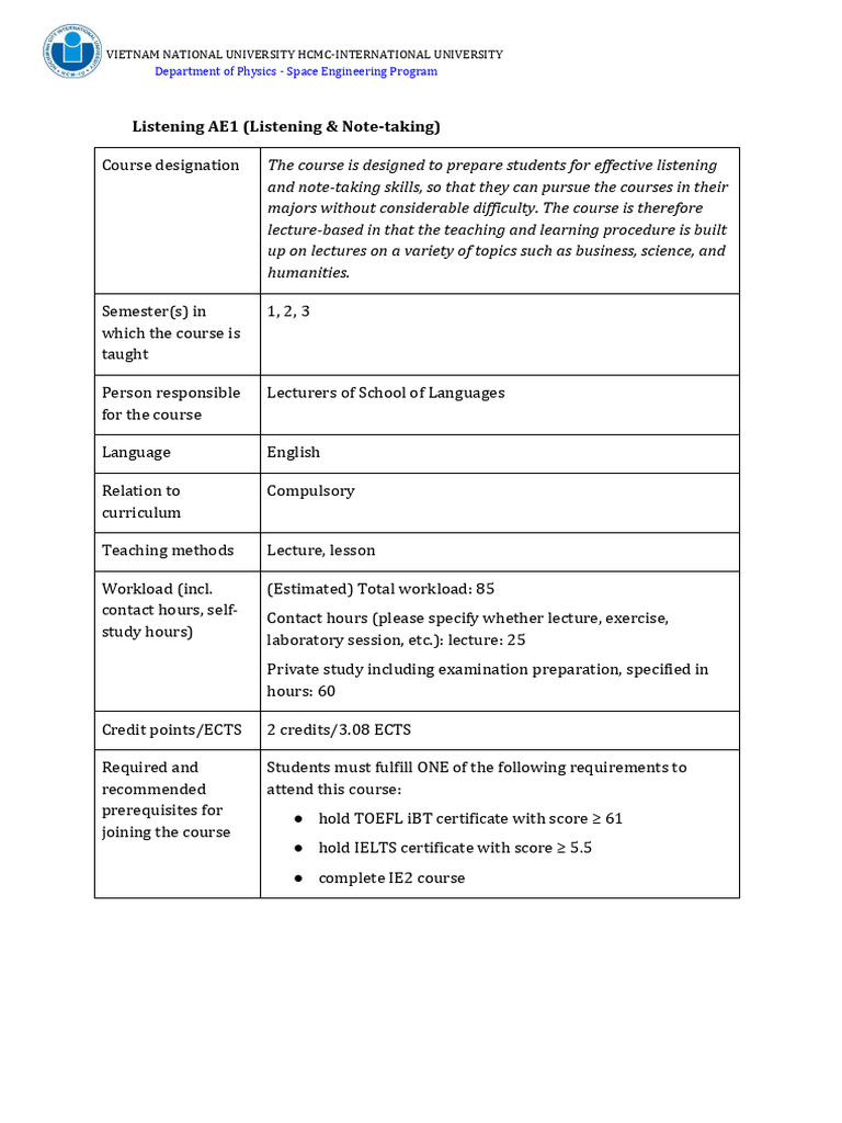 Listening AE1 Listening Note Taking EN008IU 1 | PDF | Lecture | Learning