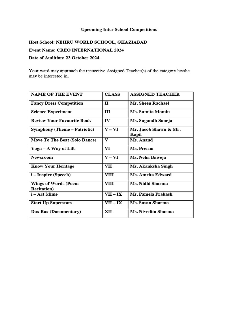 Inter School Competitions 2024 Guide | PDF
