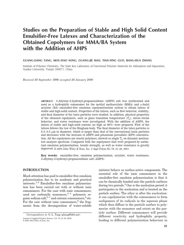 High Solid Content Emulsifier-Free Latex | PDF | Copolymer | Polymers