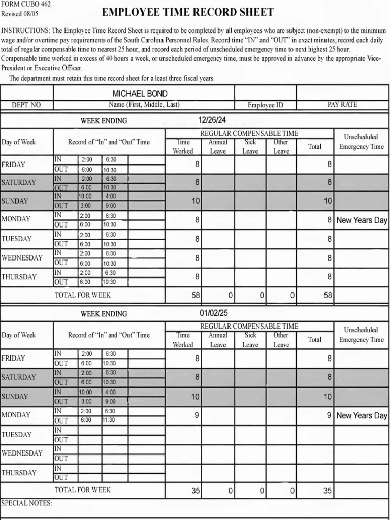 Employee Time Record Sheets | PDF | Overtime | Labor Relations