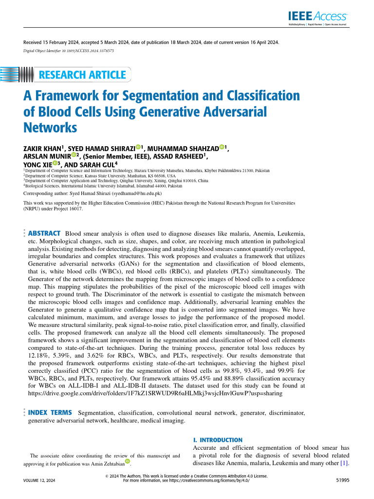 A Framework For Segmentation and Classification of Blood Cells Using Generative Adversarial ...